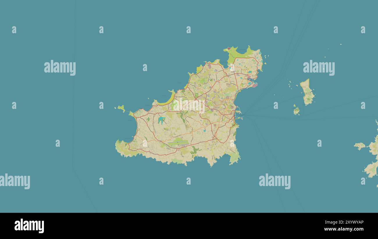 Guernsey Island in the English Channel on a topographic, OSM ...