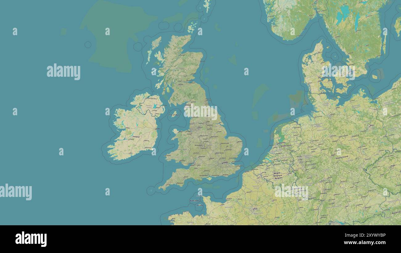 Great Britain Island in the North Sea on a topographic, OSM ...