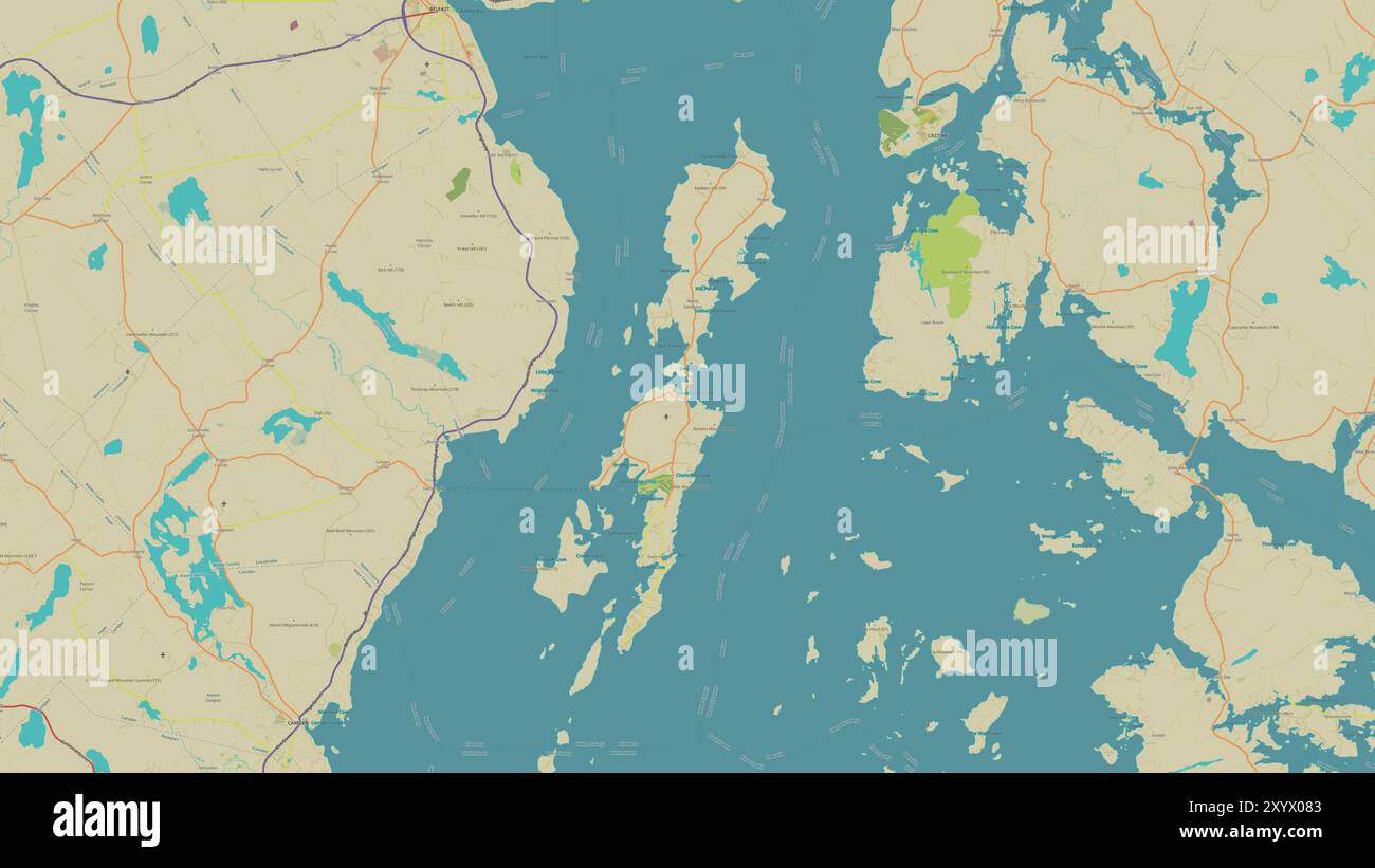 Islesboro Island in the North Atlantic Ocean on a topographic, OSM ...