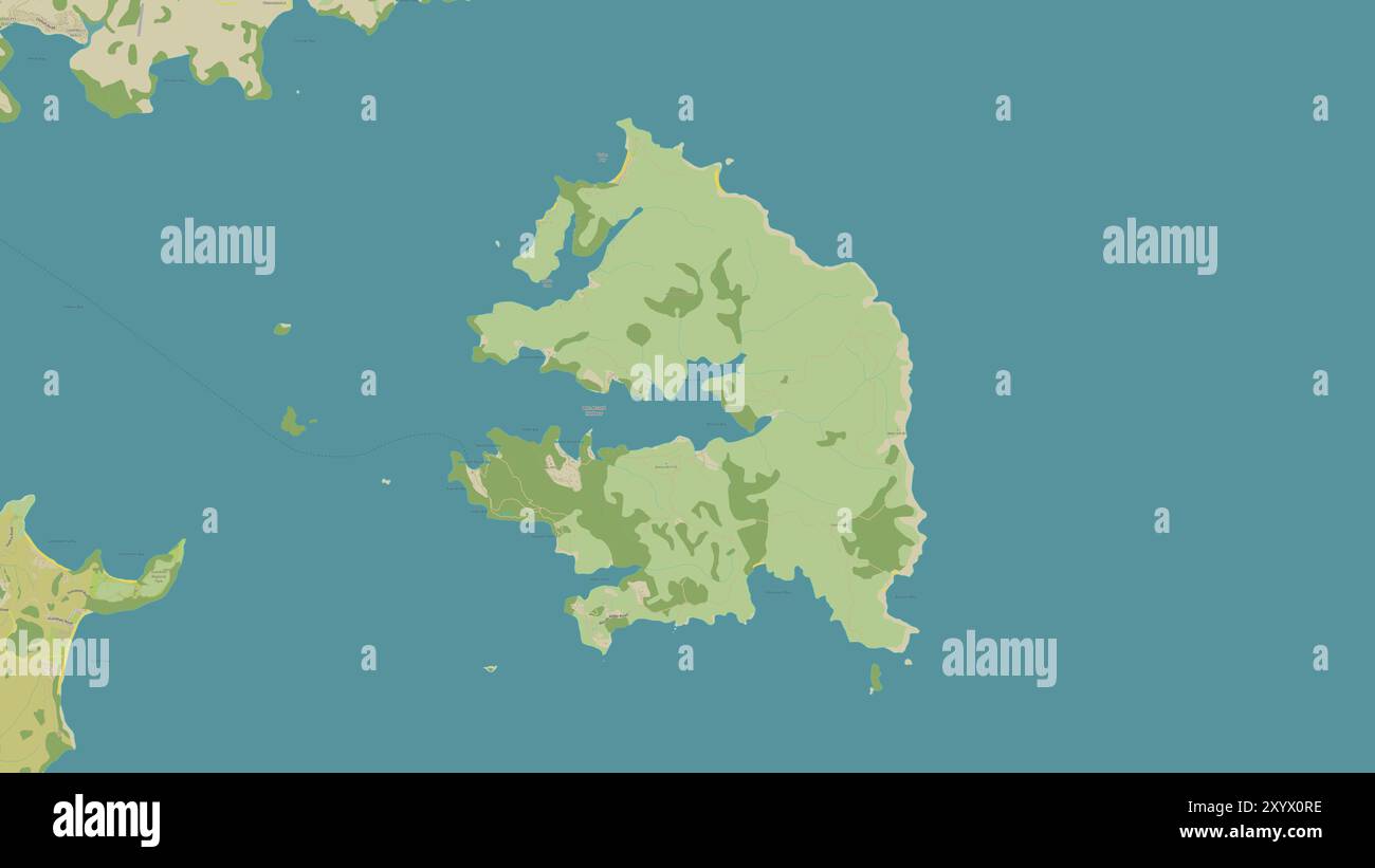 Kawau Island in the South Pacific Ocean on a topographic, OSM ...