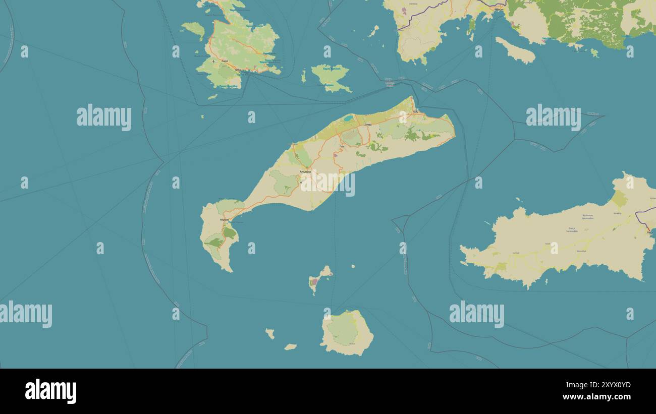 Kos Island in the Aegean Sea on a topographic, OSM Humanitarian style ...