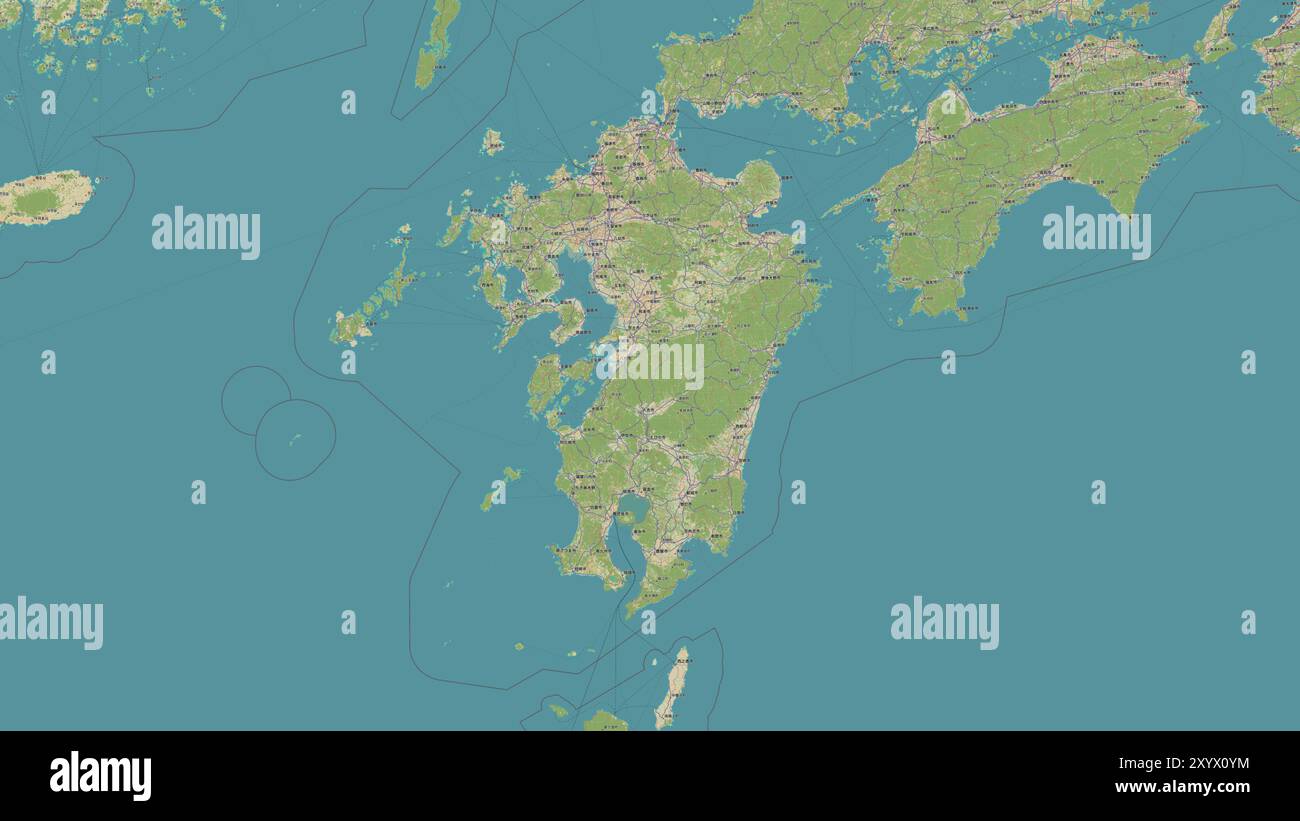 Kyushu Island in the Japan Sea on a topographic, OSM Humanitarian style ...