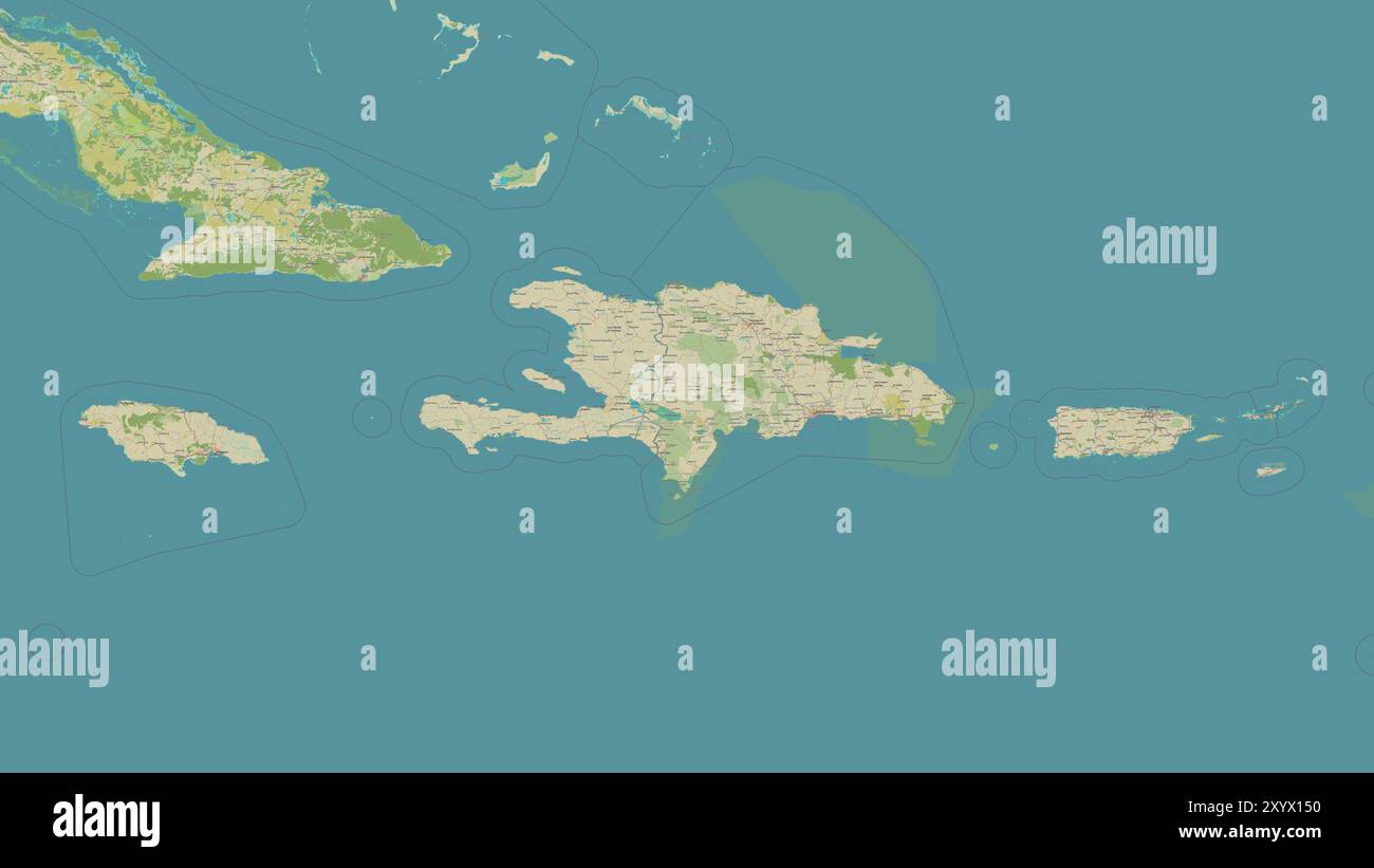 La Espanola Island in the Caribbean Sea on a topographic, OSM ...