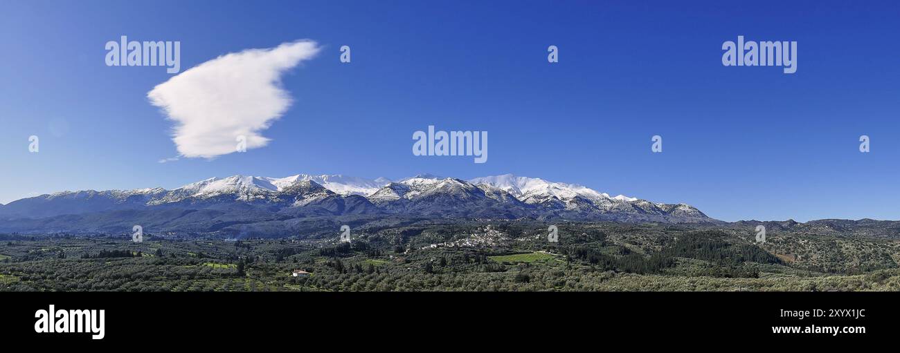 Panoramic view of snow-capped mountains and green valley under blue sky ...