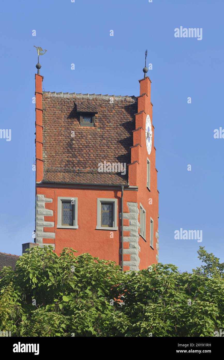 Historic upper gate tower, upper tower, gate tower, red town tower with ...