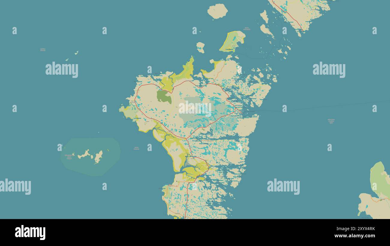 North Uist Island in the North Atlantic Ocean on a topographic, OSM ...