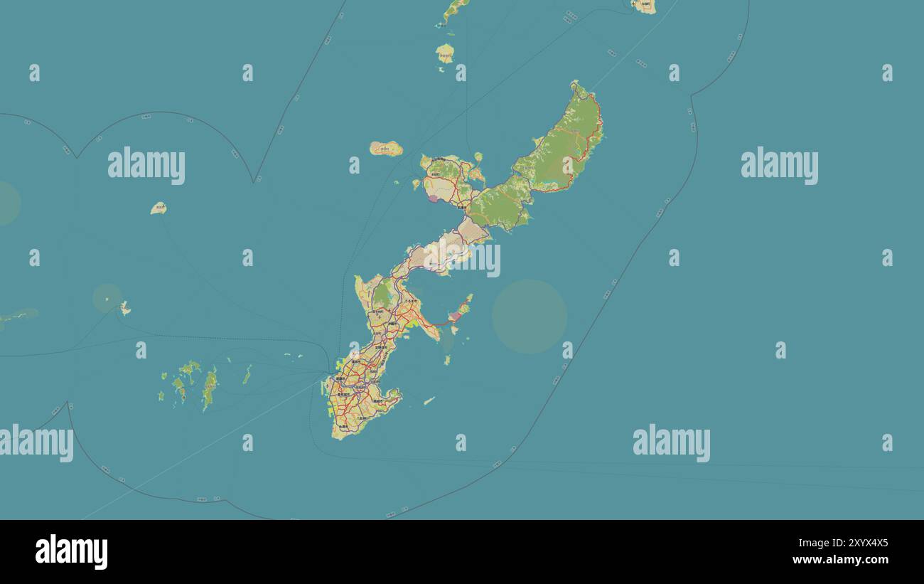 Okinawa Island in the Philippine Sea on a topographic, OSM Humanitarian style map Stock Photo ...
