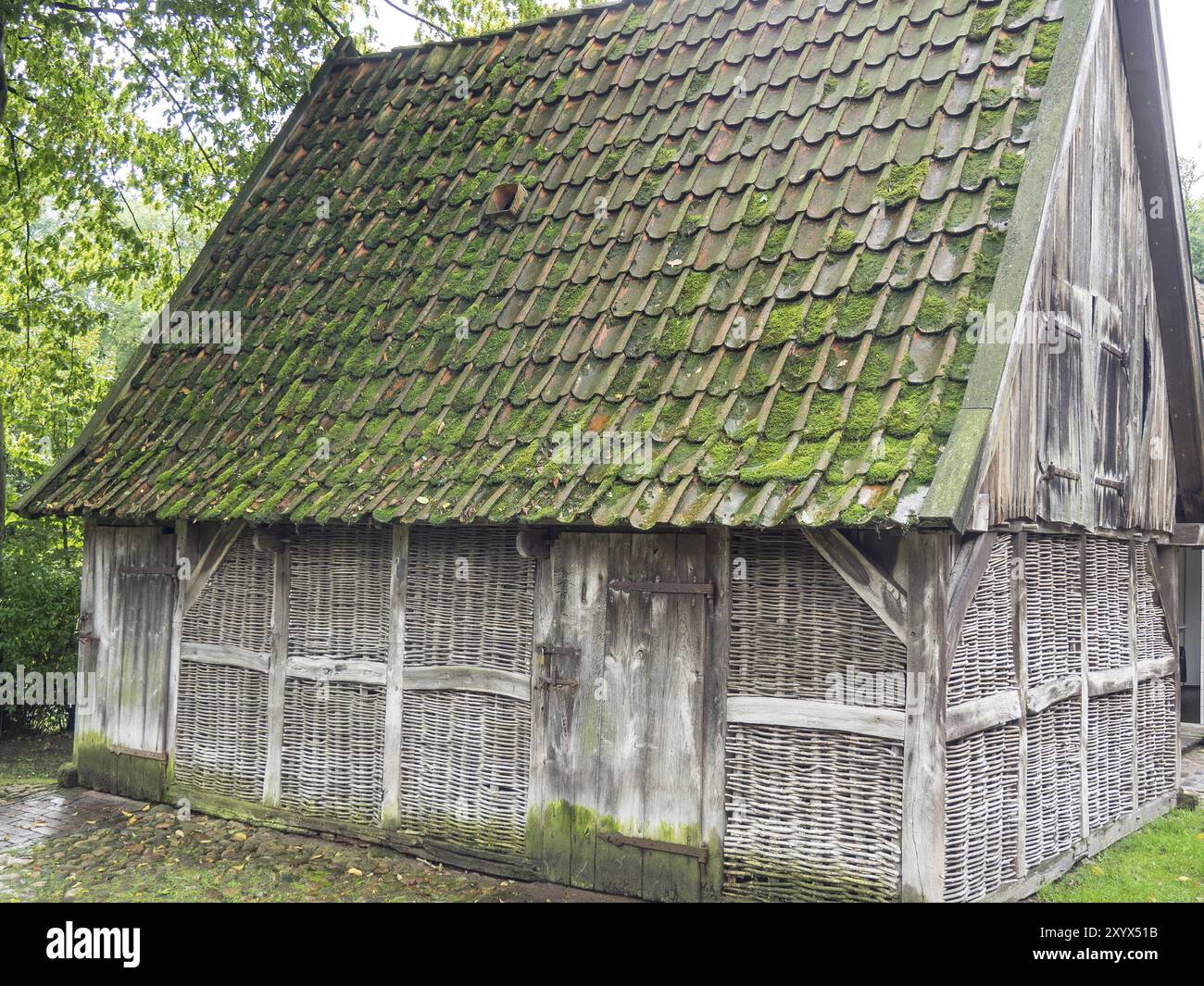Old wooden hut with moss-covered roof and rustic walls, Bad Zwischenahn ...