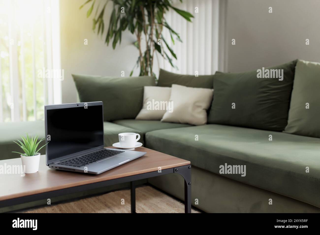 Work from home, workspace, desktop, remote work concept, gray laptop ...