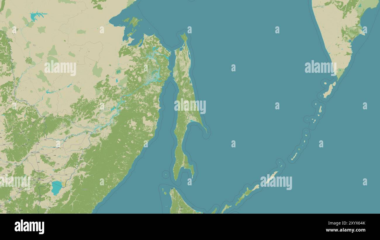 Sakhalin Island in the Japan Sea on a topographic, OSM Humanitarian ...