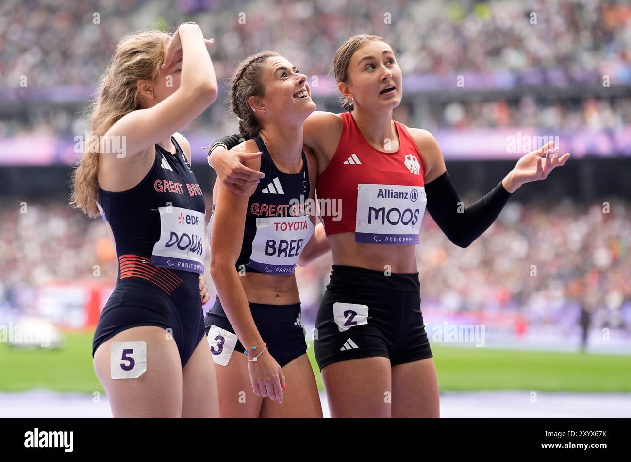 Great Britain's Maddie Down (left), Olivia Breen and Germany's Nele ...