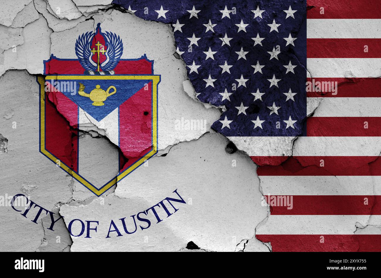 Flags of Austin and USA painted on cracked wall Stock Photo - Alamy