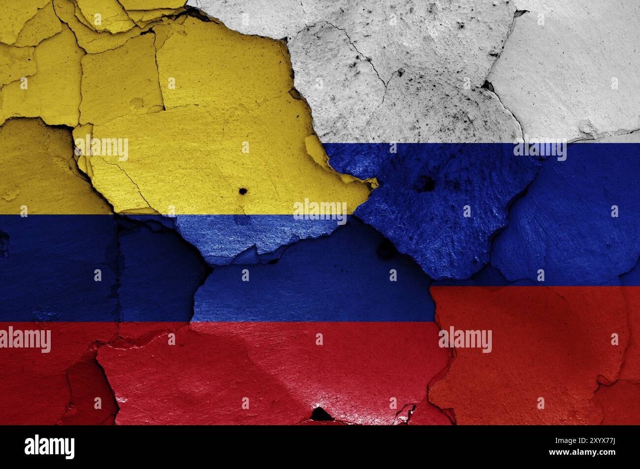 Flags of Colombia and Russia painted on cracked wall Stock Photo - Alamy