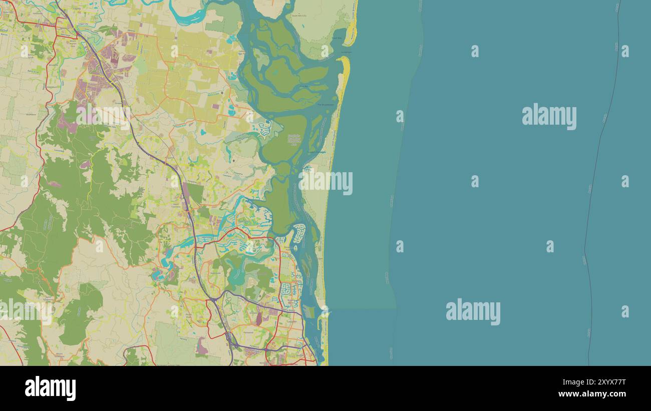 South Stradbroke Island in the Coral Sea on a topographic, OSM ...