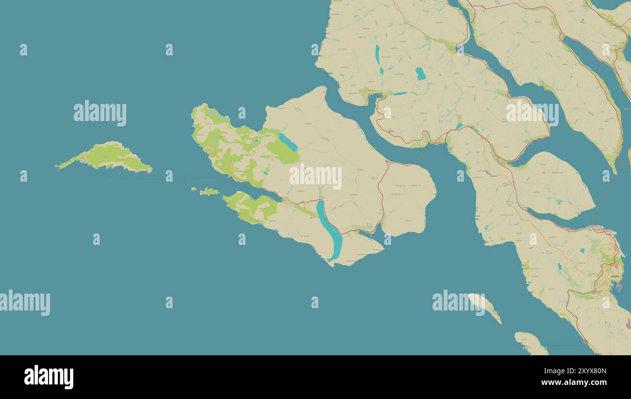 Vagar Island in the North Atlantic Ocean on a topographic, OSM ...