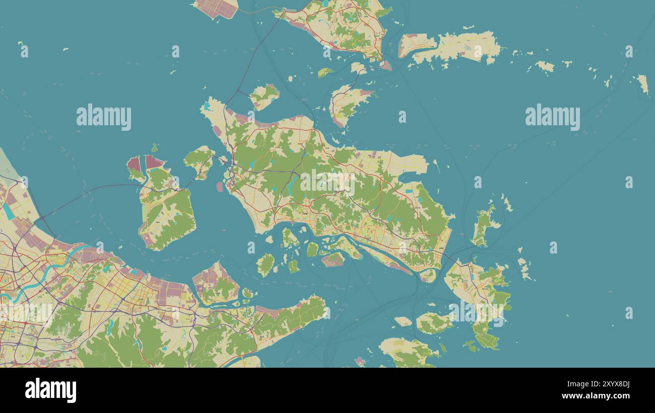 Zhoushan Island in the Eastern China Sea on a topographic, OSM ...