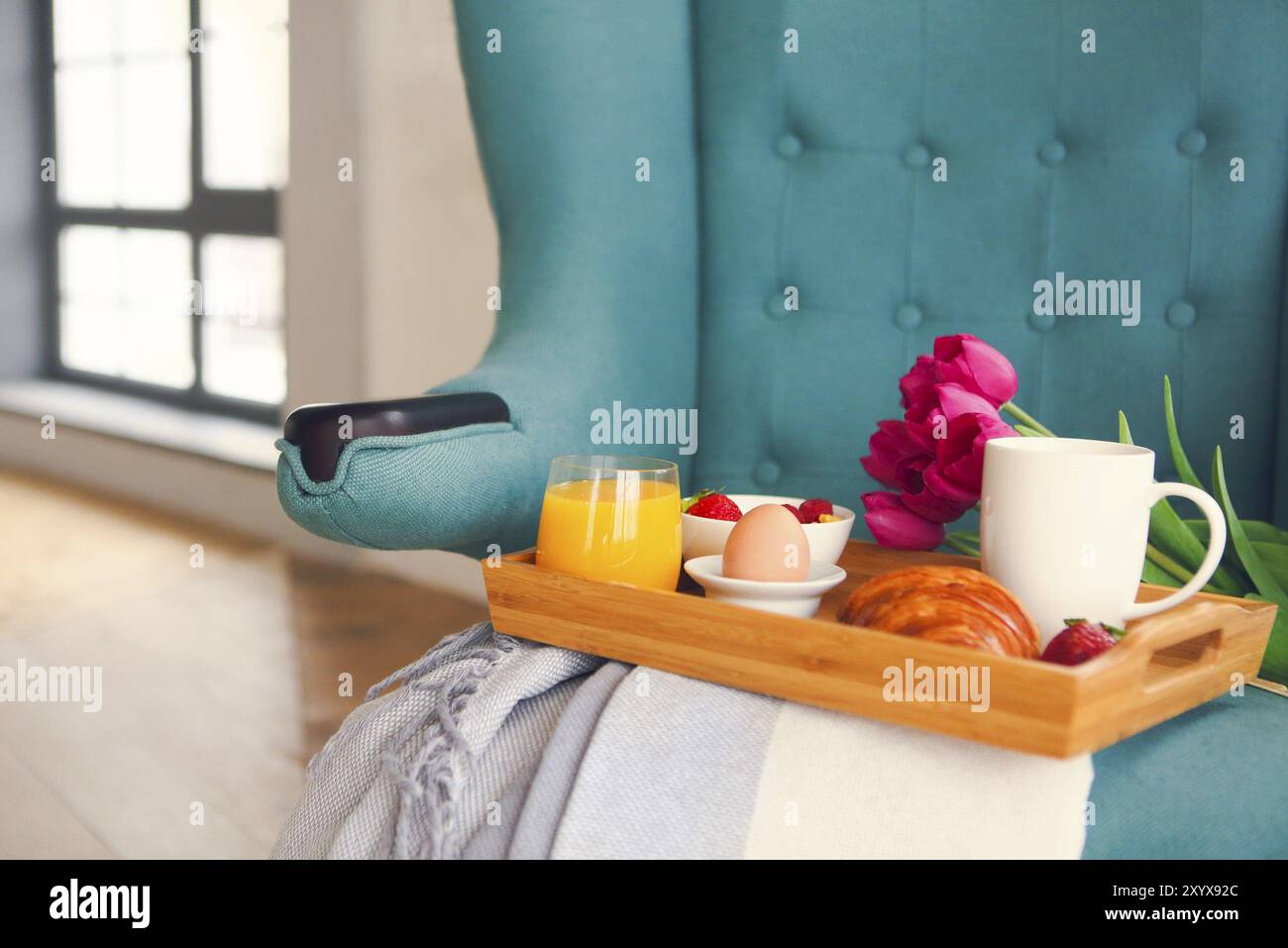 Healthy morning breakfast on tray top view close up Stock Photo - Alamy