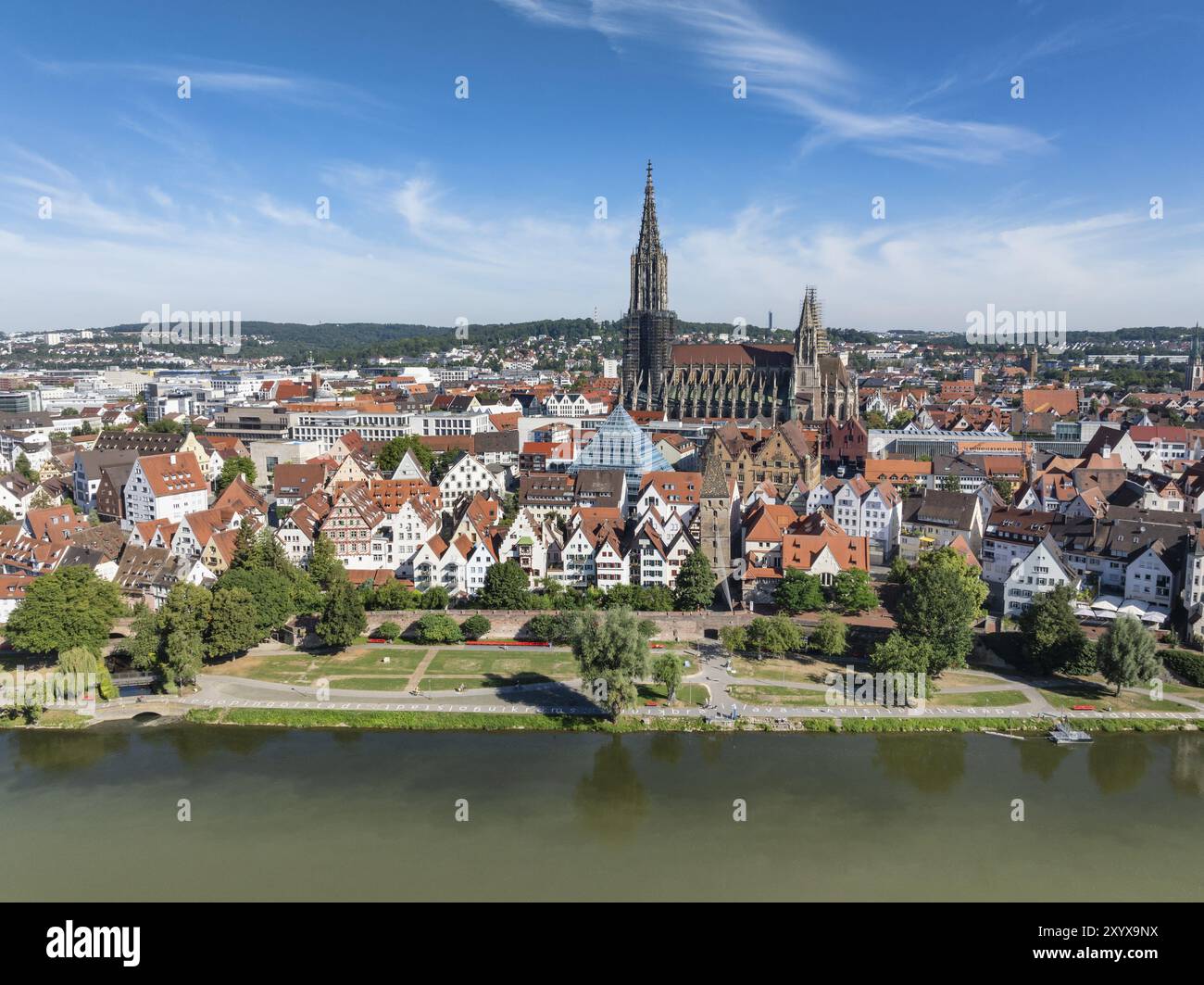 Aerial view of Ulm's historic city centre with the Danube and the ...