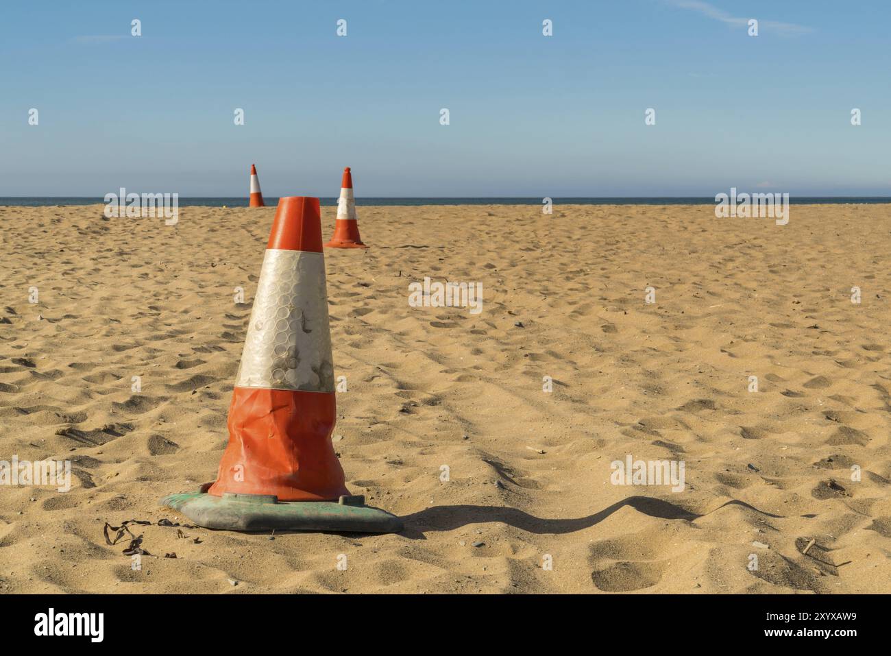 Pylons on the beach, seen in Aberporth Bay, Ceredigion, Dyfed, Wales ...