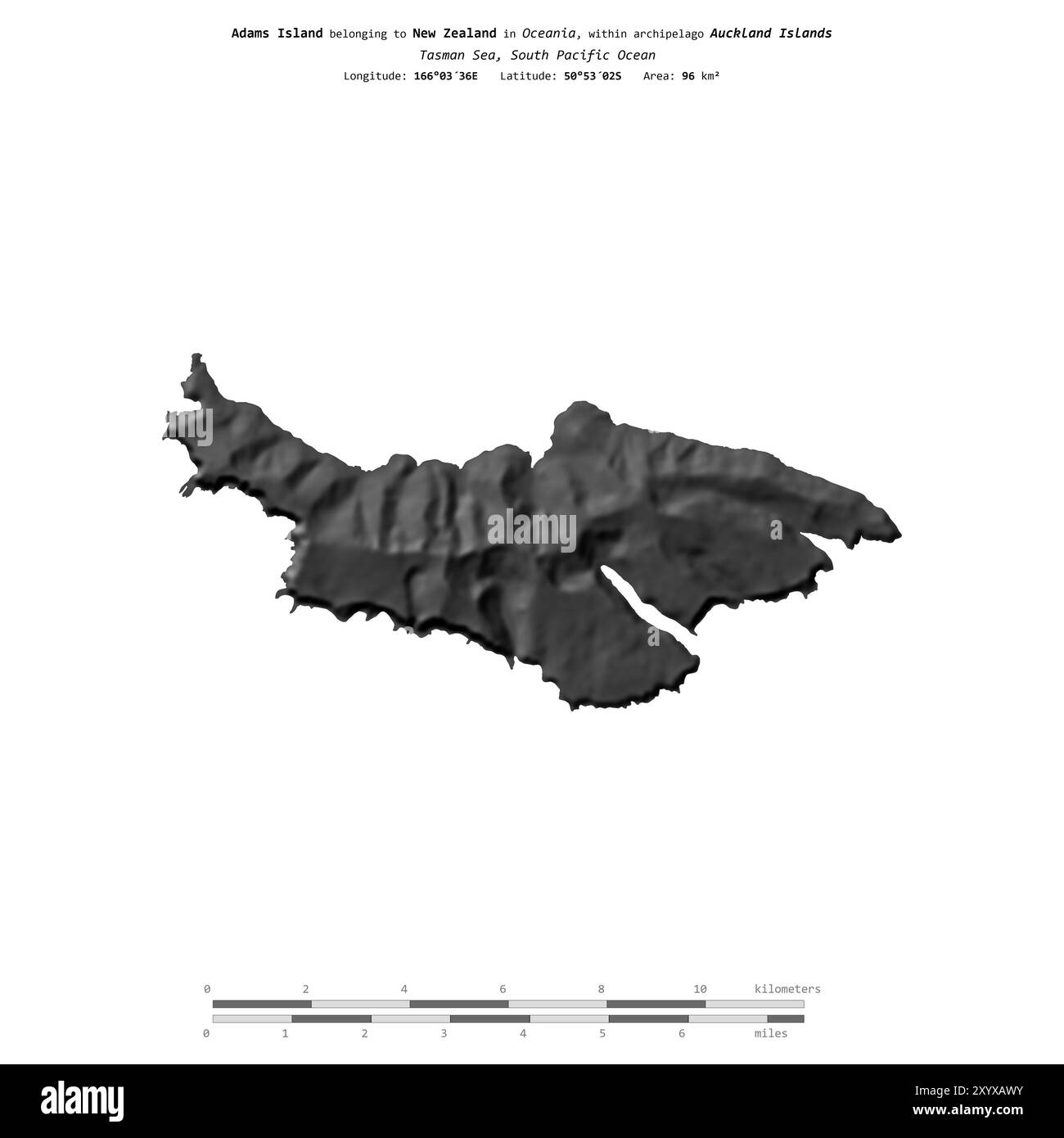 Adams Island in the Tasman Sea, belonging to New Zealand, isolated on a ...