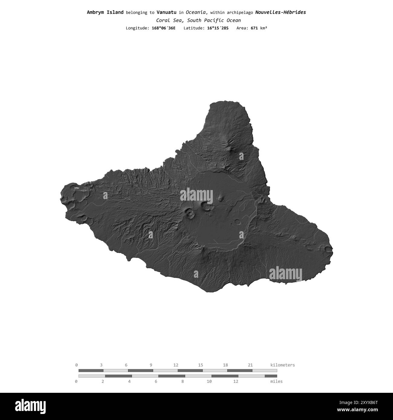 Ambrym Island in the Coral Sea, belonging to Vanuatu, isolated on a ...