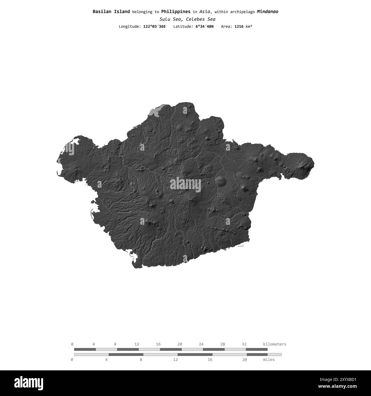 Basilan Island in the Sulu Sea, belonging to Philippines, isolated on a ...