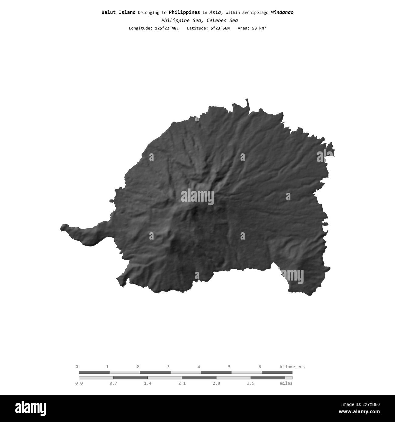 Balut Island in the Celebes Sea, belonging to Philippines, isolated on a bilevel elevation map ...