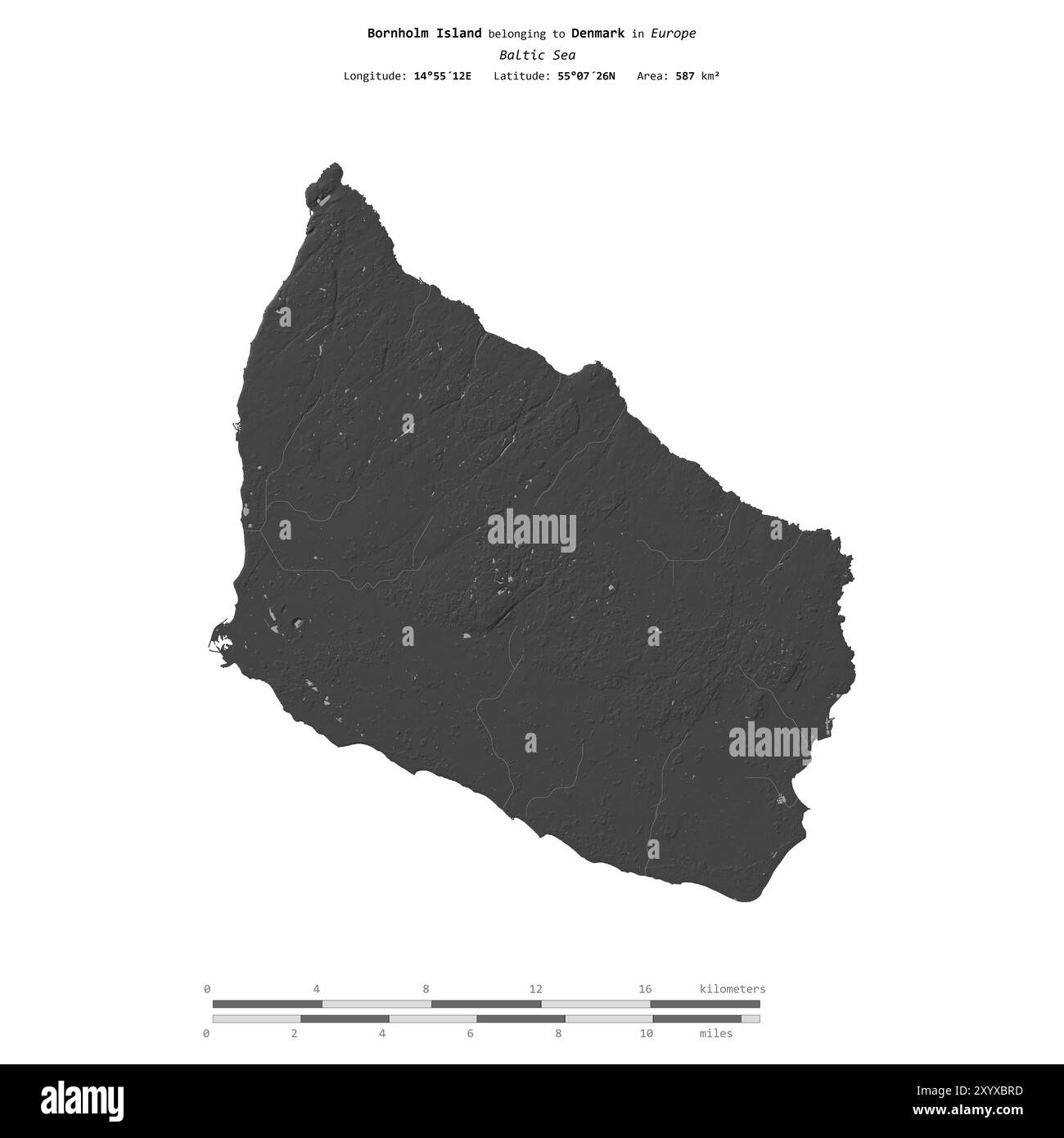 Bornholm Island in the Baltic Sea, belonging to Denmark, isolated on a bilevel elevation map ...