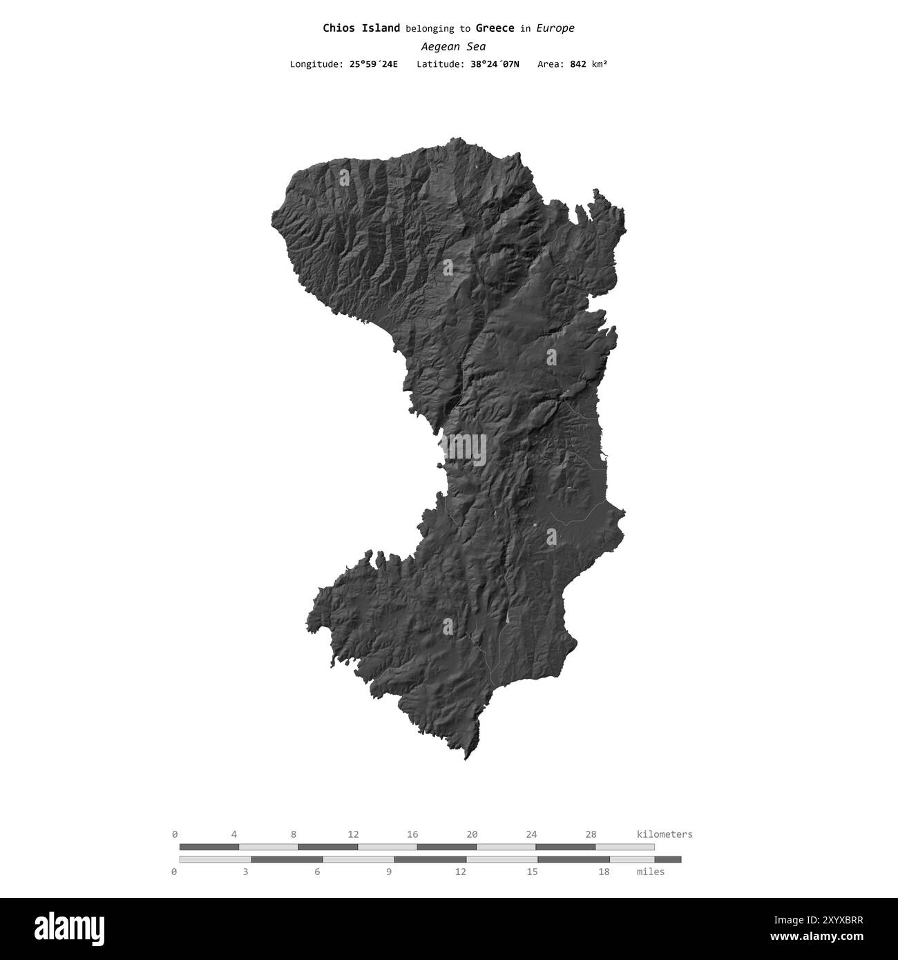 Chios Island in the Aegean Sea, belonging to Greece, isolated on a bilevel elevation map, with ...