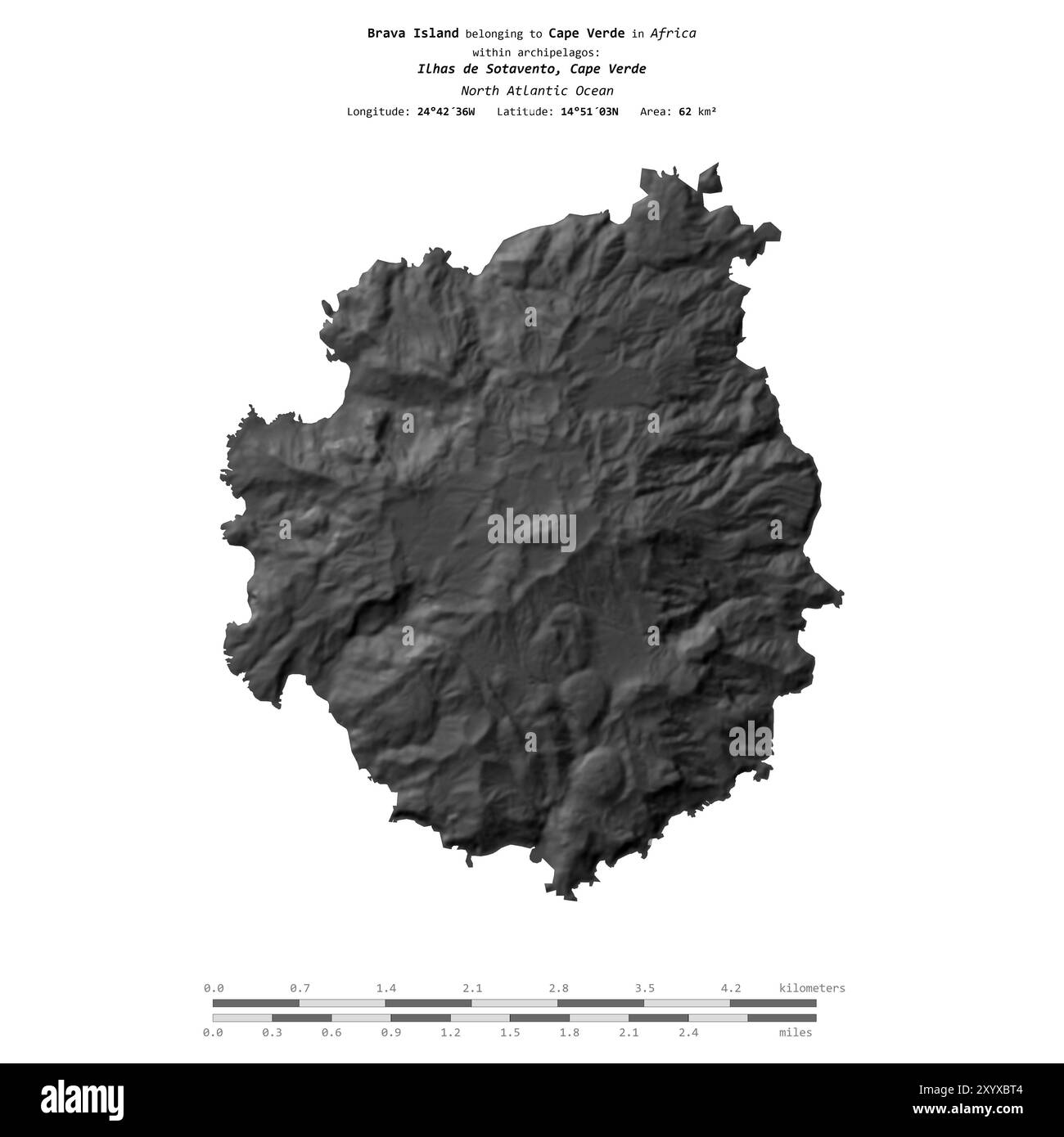 Brava Island in the North Atlantic Ocean, belonging to Cape Verde, isolated on a bilevel ...