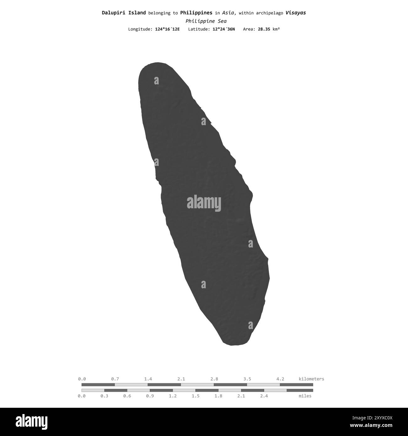 Dalupiri Island in the Philippine Sea, belonging to Philippines, isolated on a bilevel elevation ...
