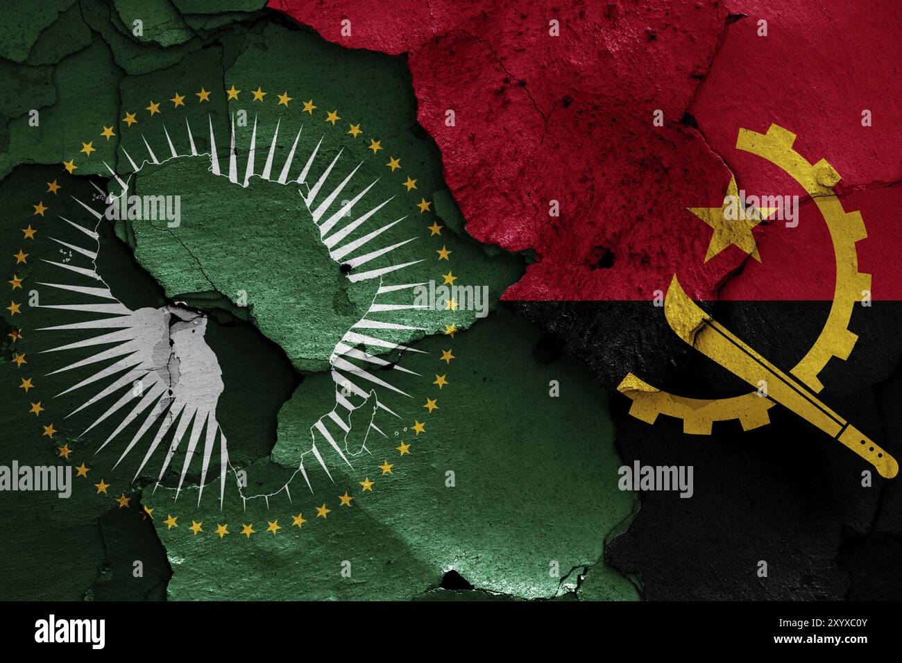 Flags of African Union and Angola painted on cracked wall Stock Photo ...