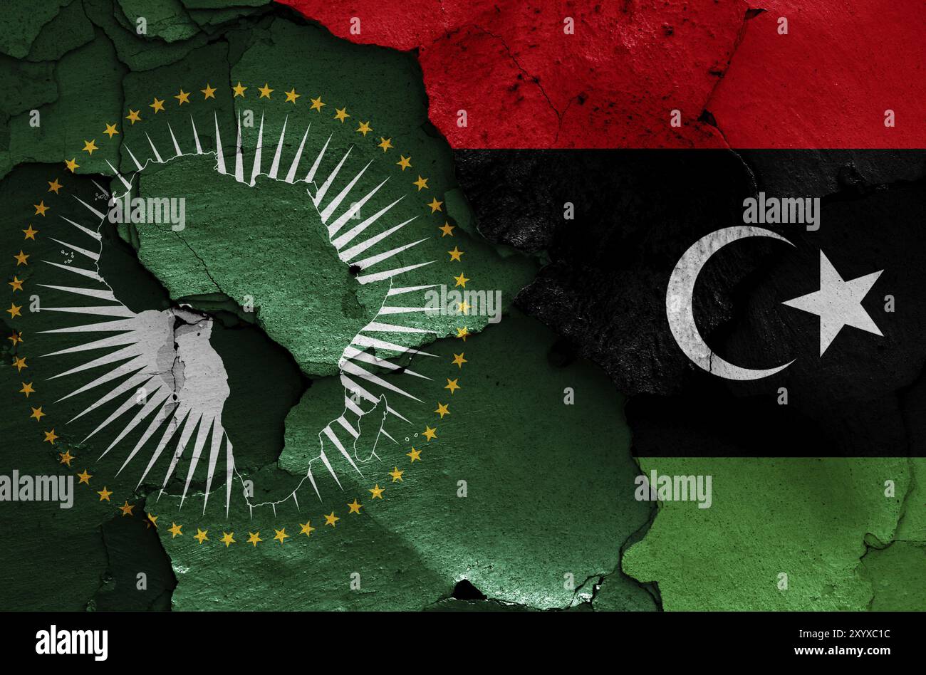 Flags of African Union and Libya painted on cracked wall Stock Photo ...