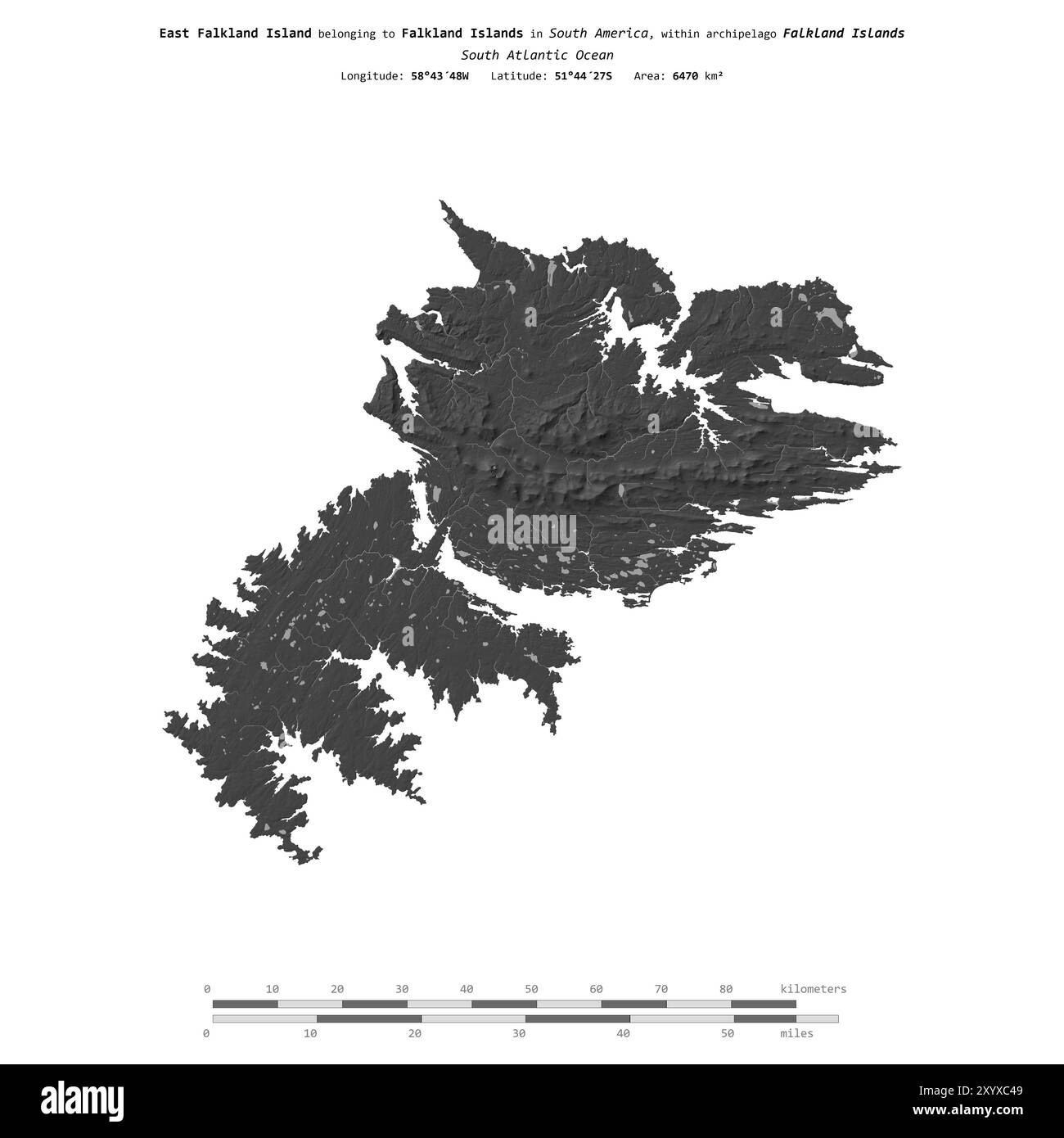 East Falkland Island in the South Atlantic Ocean, belonging to Falkland Islands, isolated on a ...