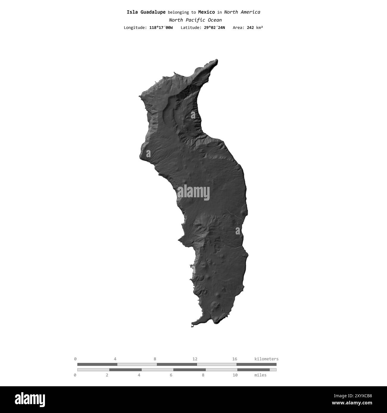 Isla Guadalupe in the North Pacific Ocean, belonging to Mexico, isolated on a bilevel elevation ...