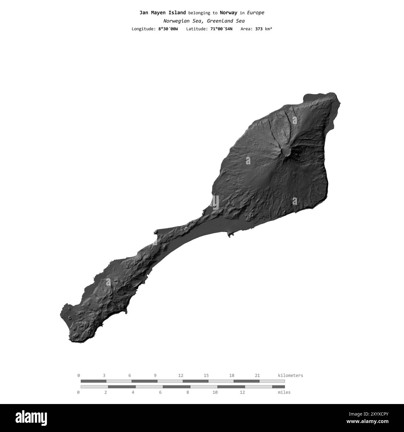 Jan Mayen Island in the Norwegian Sea, belonging to Norway, isolated on a bilevel elevation map ...