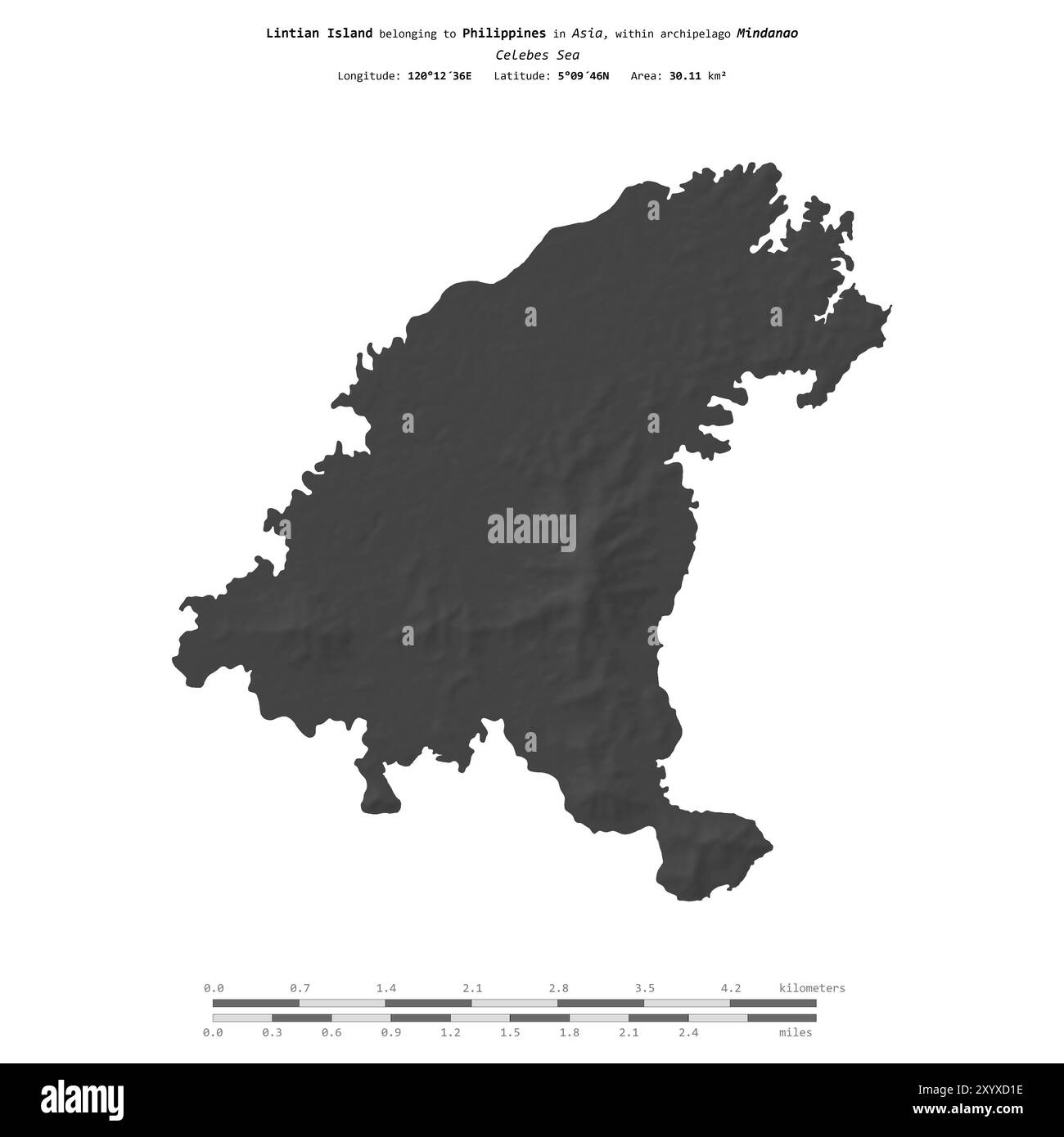 Lintian Island in the Celebes Sea, belonging to Philippines, isolated on a bilevel elevation map ...