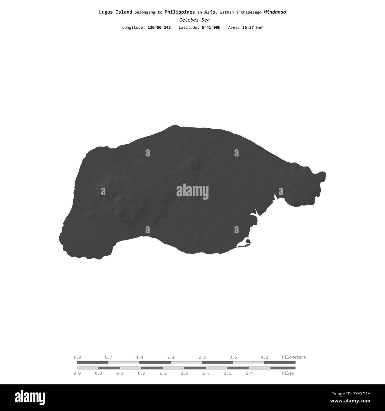 Lugus Island in the Celebes Sea, belonging to Philippines, isolated on a bilevel elevation map ...