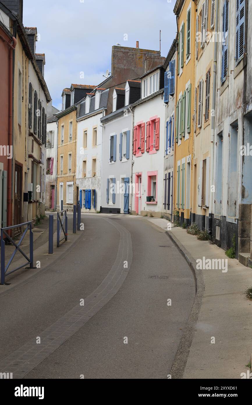 Colourful buildings in Rue Joseph le Brix, Le Palais, Belle Ile en Mer ...