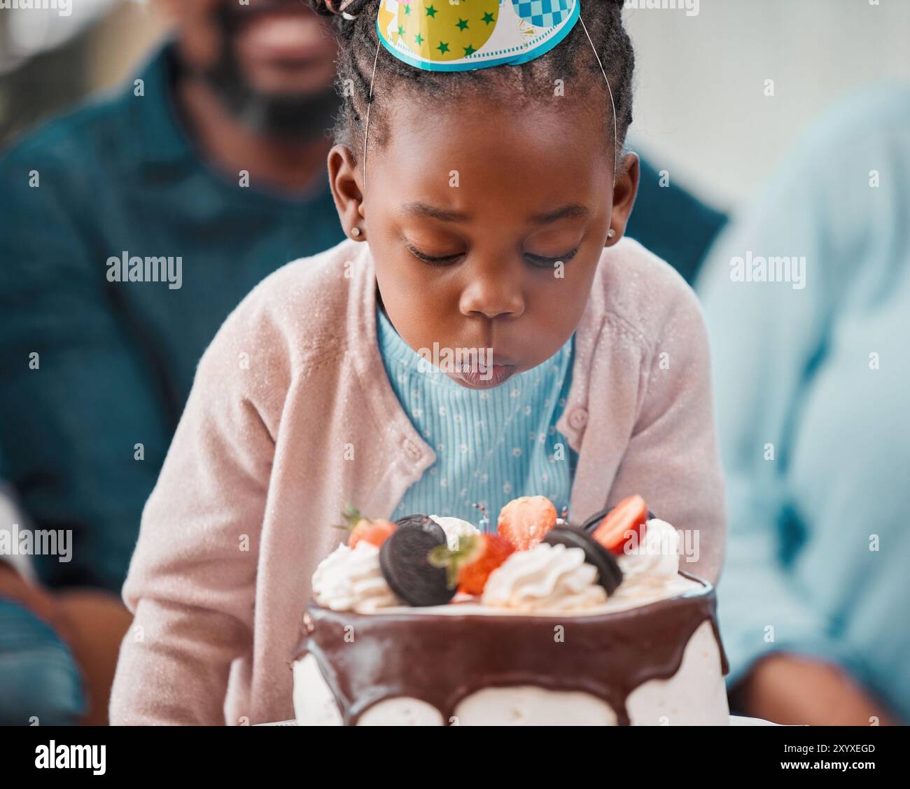 Birthday cake, home and black child blowing candles for wishes, good ...
