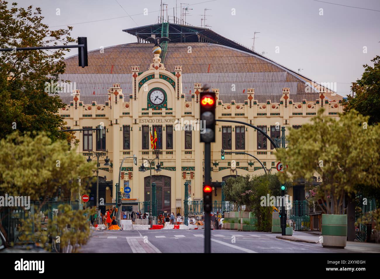 Valencia's North Central Train Terminal facade at dusk in Spain Stock ...