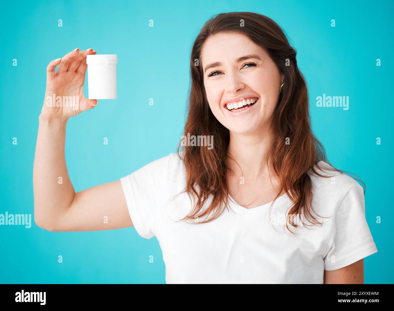 Portrait, woman and health with medicine container, mockup space and ...