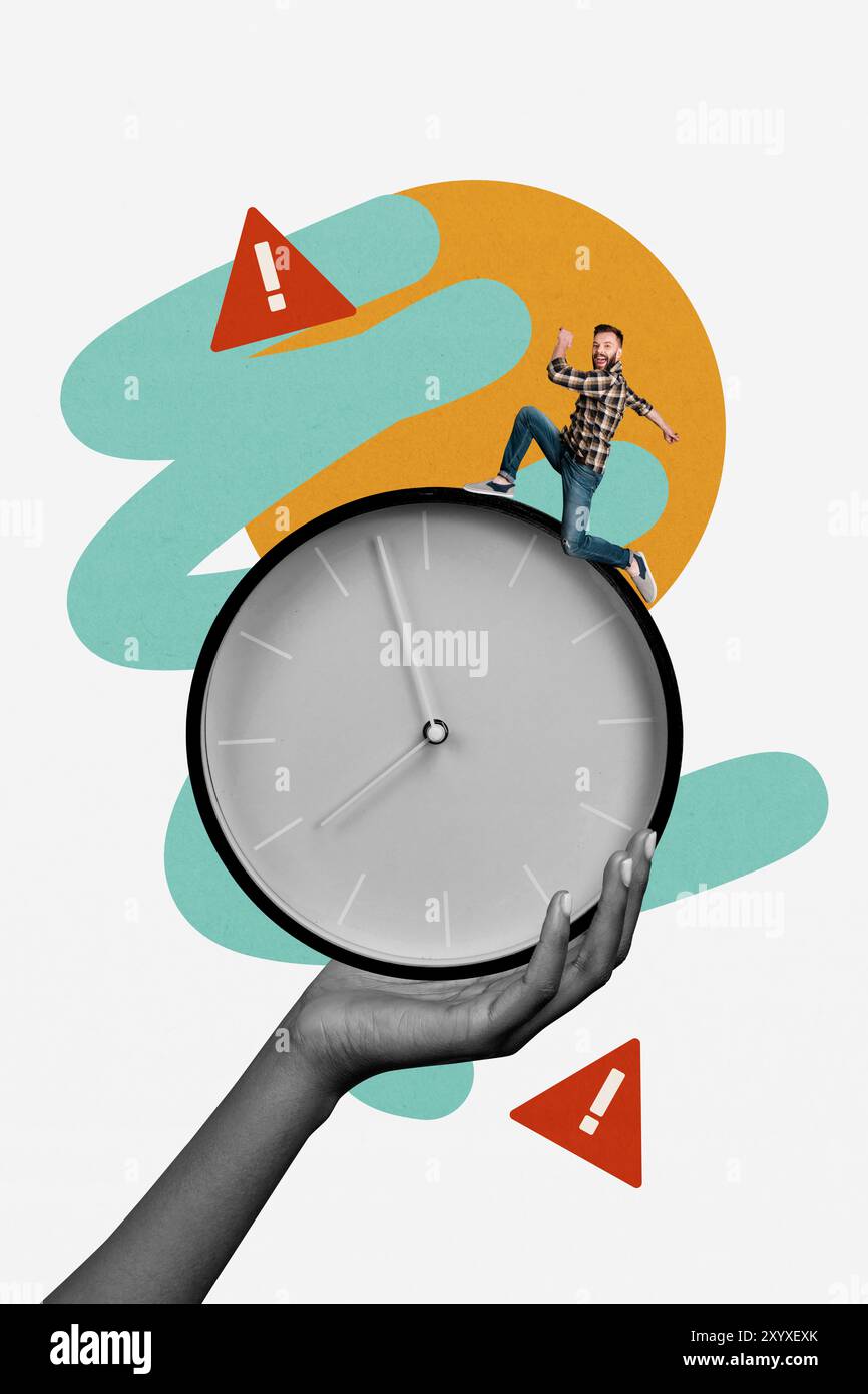 Vertical photo collage of shocked guy run hand hold huge alarm clock ...