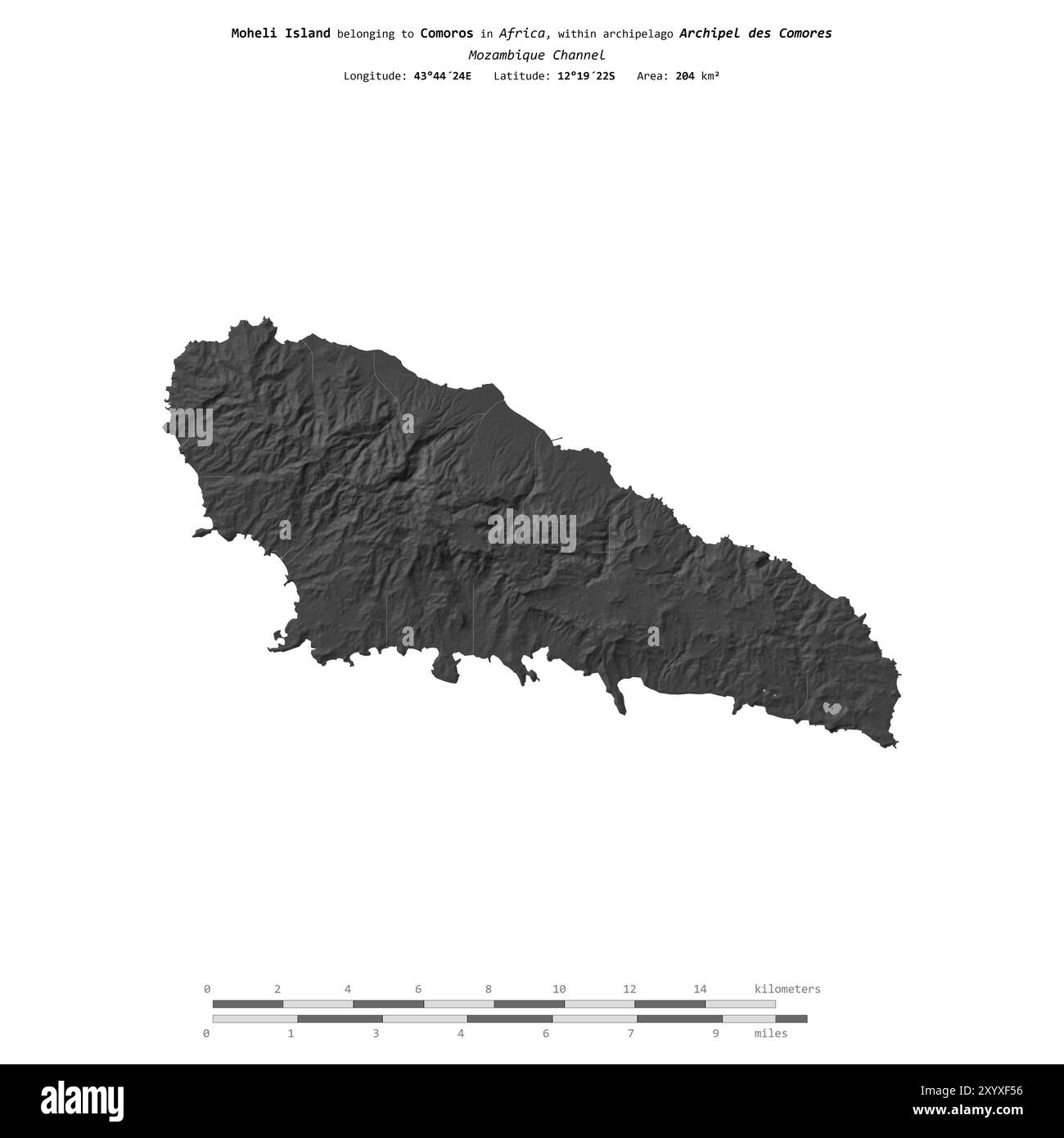 Moheli Island in the Mozambique Channel, belonging to Comoros, isolated on a bilevel elevation ...