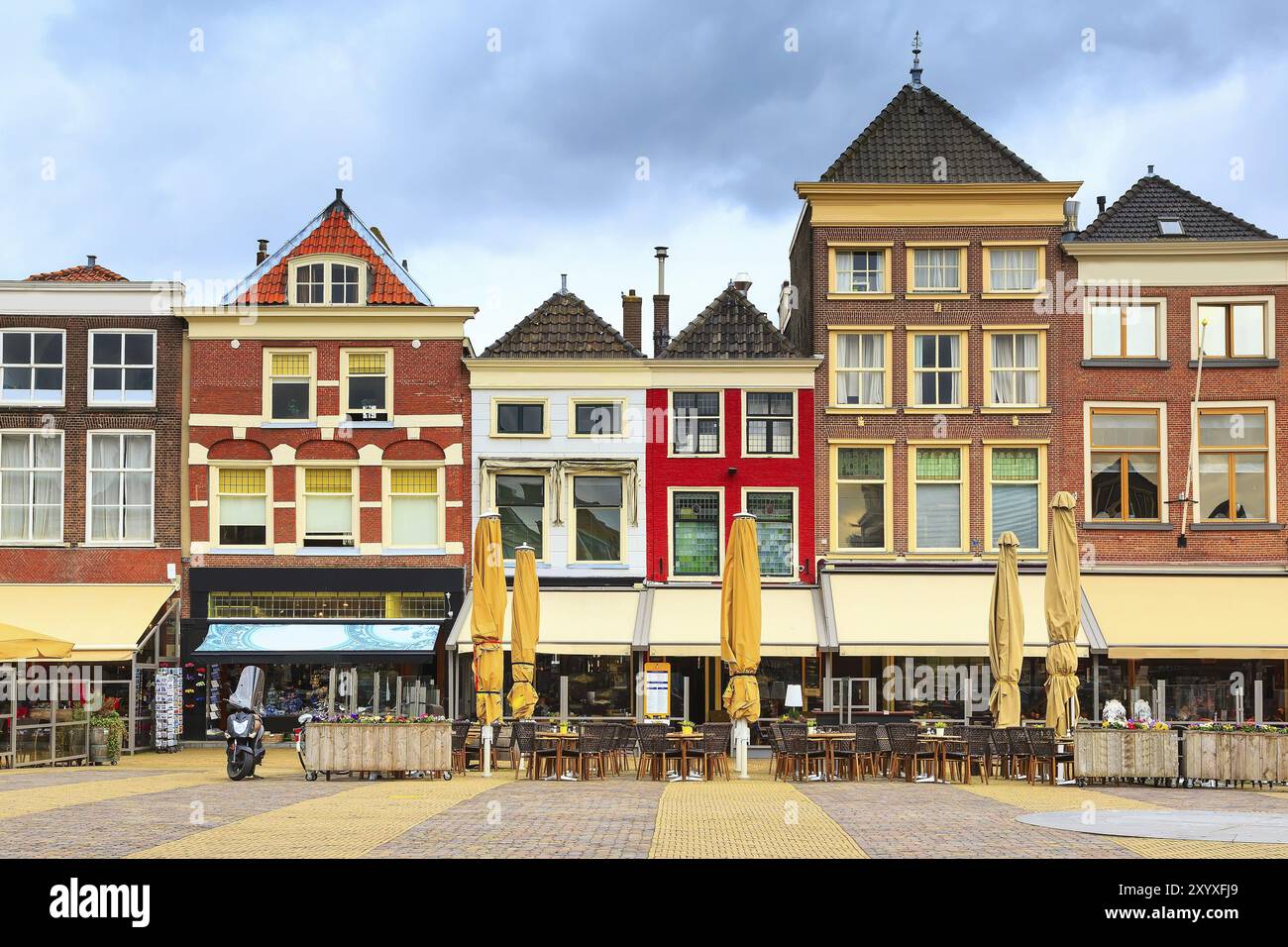 Delft, Holland colorful street view with traditional dutch houses in ...