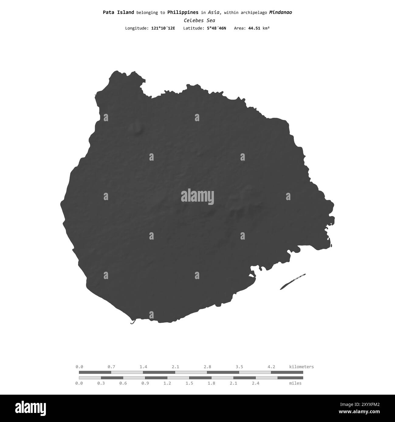 Pata Island in the Celebes Sea, belonging to Philippines, isolated on a bilevel elevation map ...