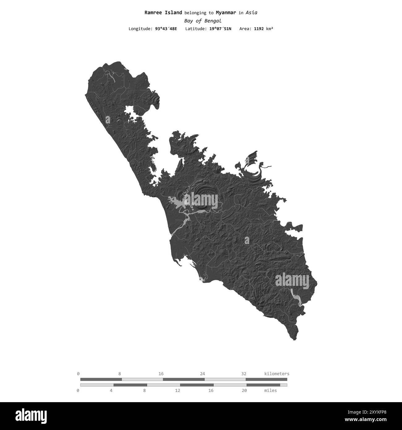 Ramree Island in the Bay of Bengal, belonging to Myanmar, isolated on a ...