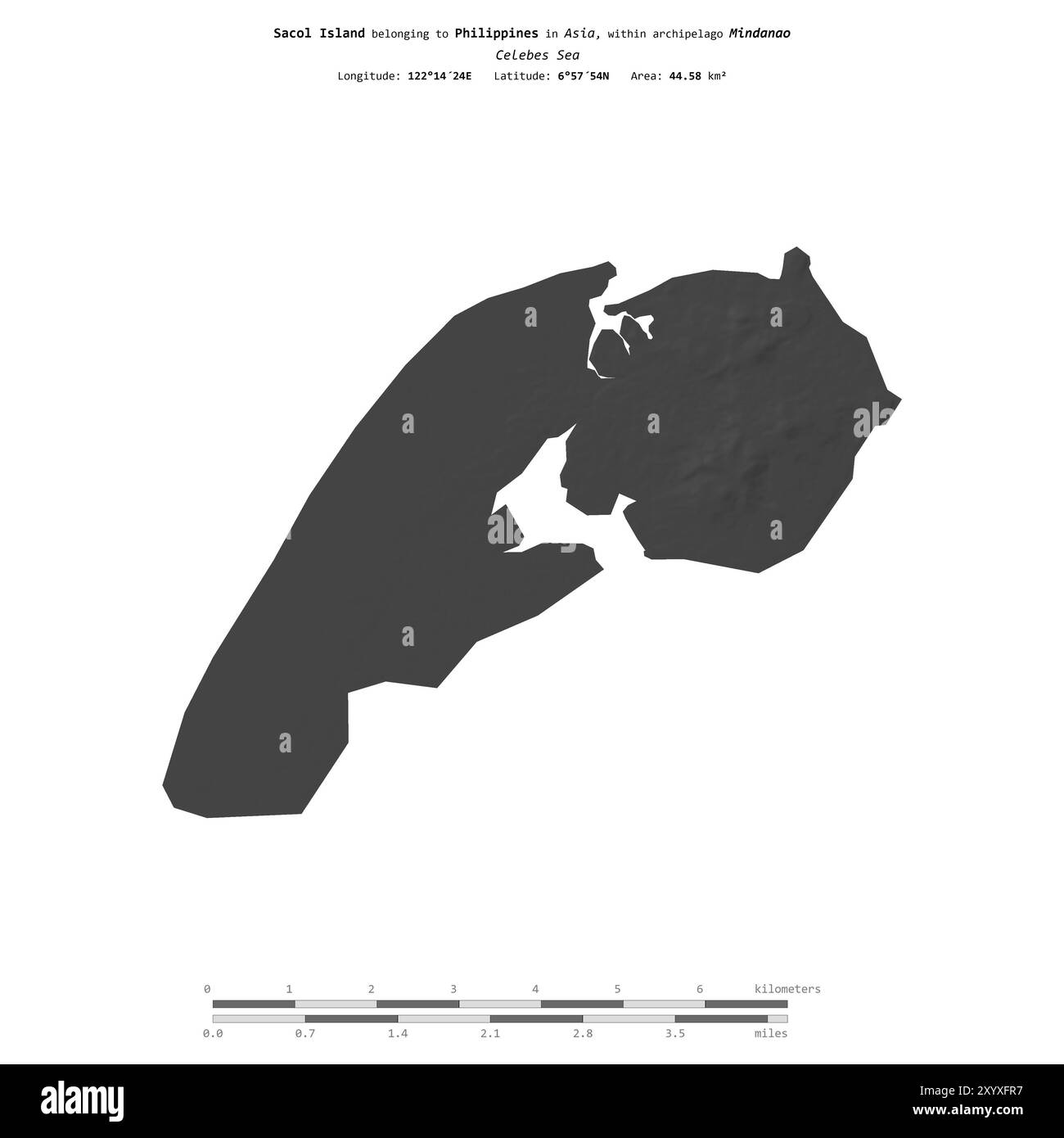 Sacol Island in the Celebes Sea, belonging to Philippines, isolated on a bilevel elevation map ...
