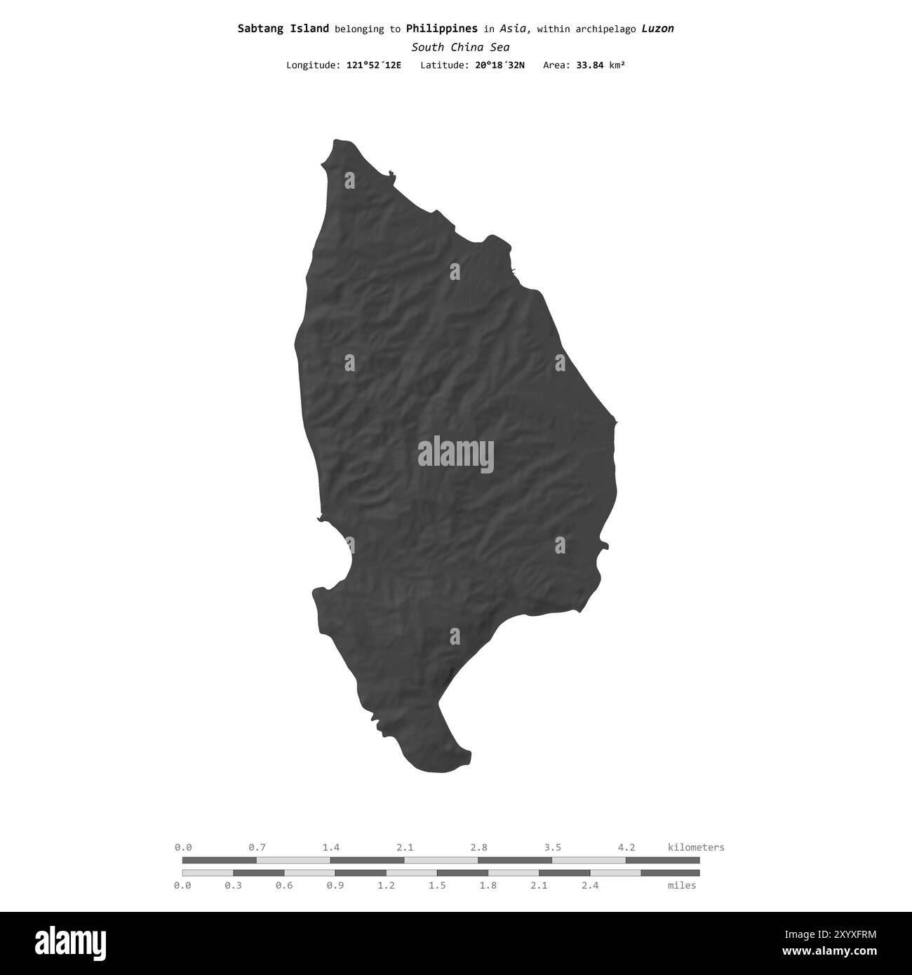 Sabtang Island in the South China Sea, belonging to Philippines, isolated on a bilevel elevation ...