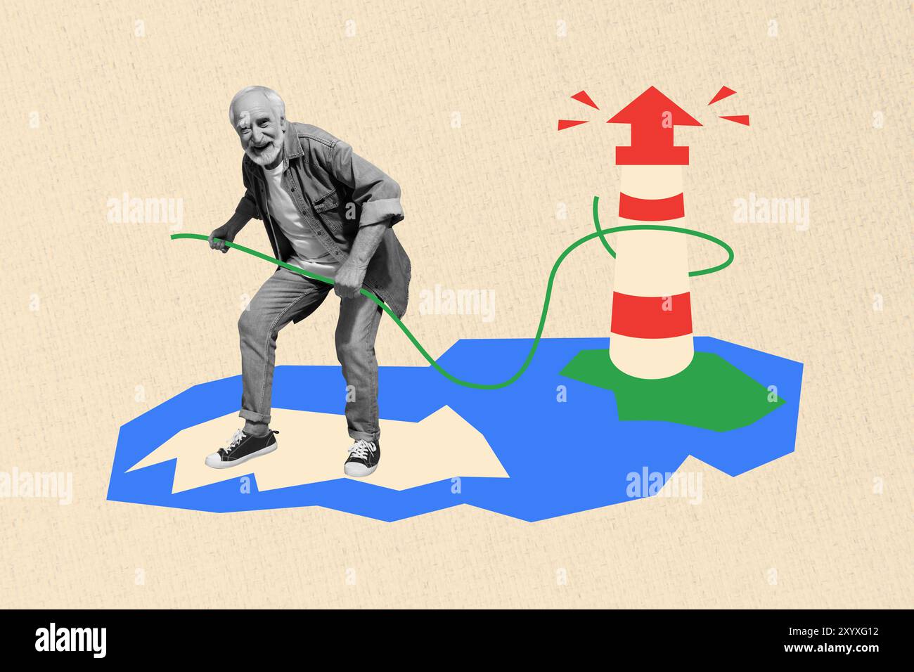 Creative collage elder man pensioner pull wire string lighthouse ...